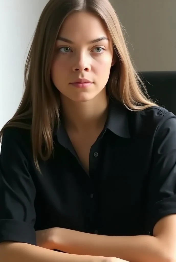 A portrait of a young woman with long light hair, dressed in a black ...