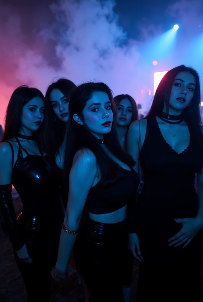 Realistic photo of 5 goth girls standing at night on a rock concert ...