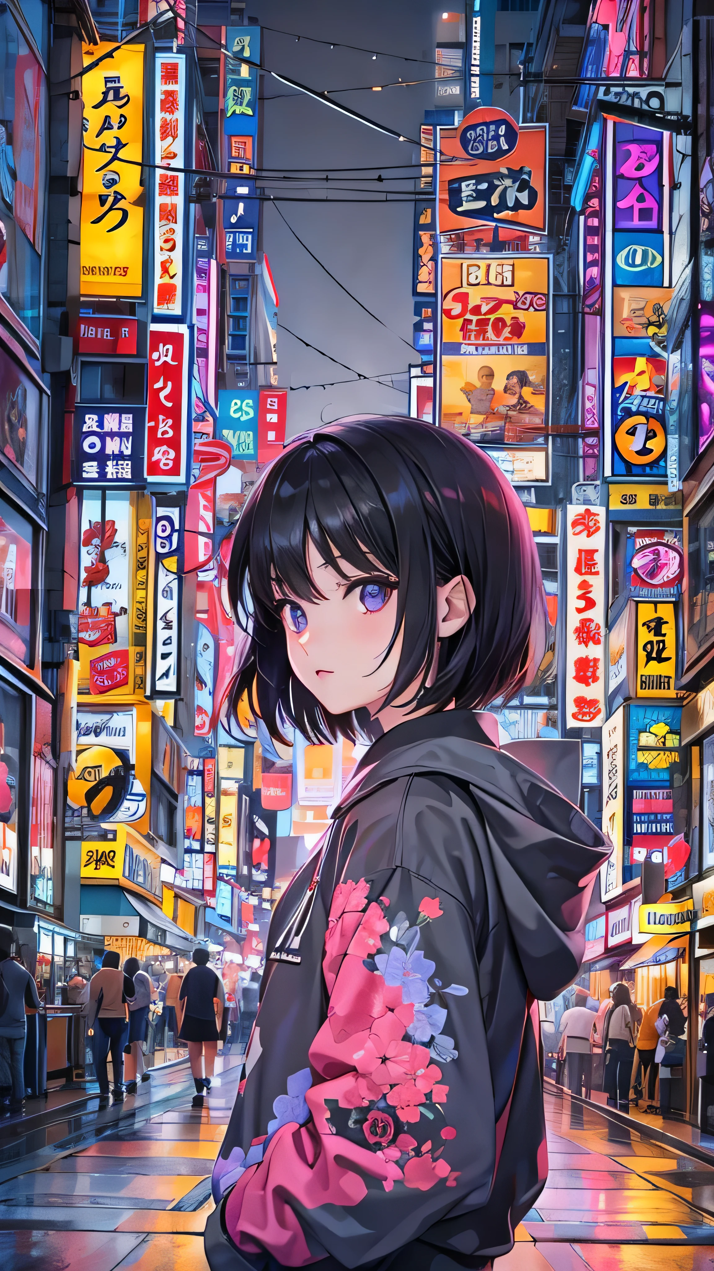 Anime girl in a city with neon signs and a street - SeaArt AI