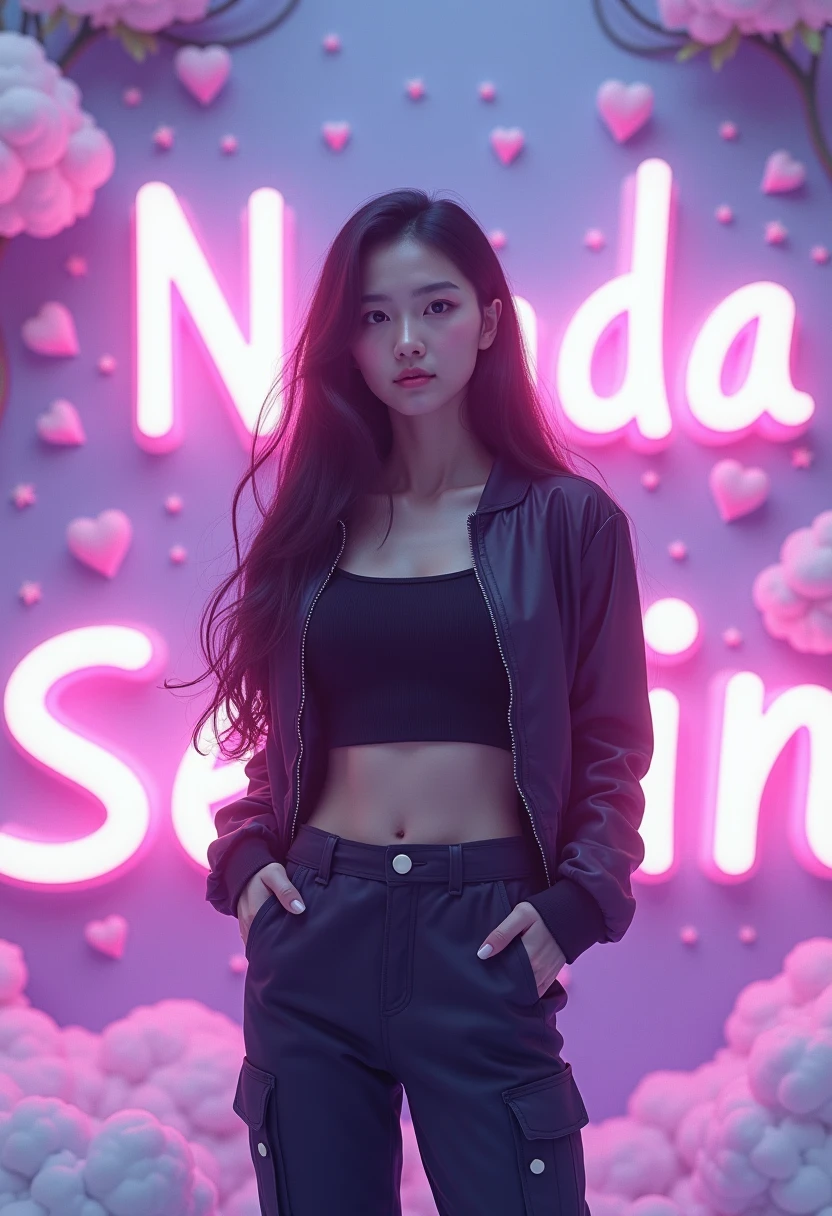 Photo of beautiful Korean woman with long hair. He stands with the big name - SeaArt AI