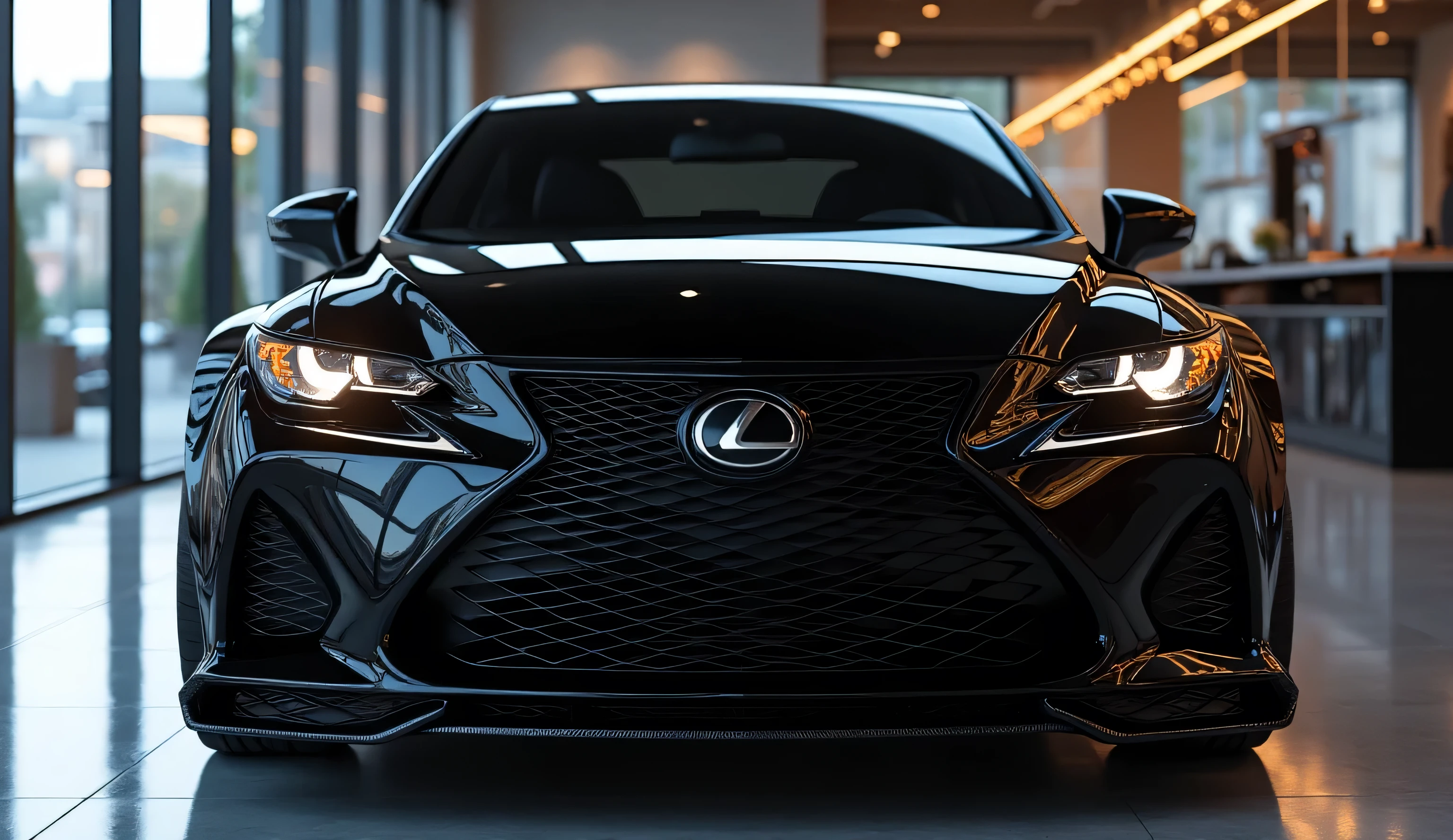 A close up of a black car in a showroom with a lot of windows - SeaArt AI