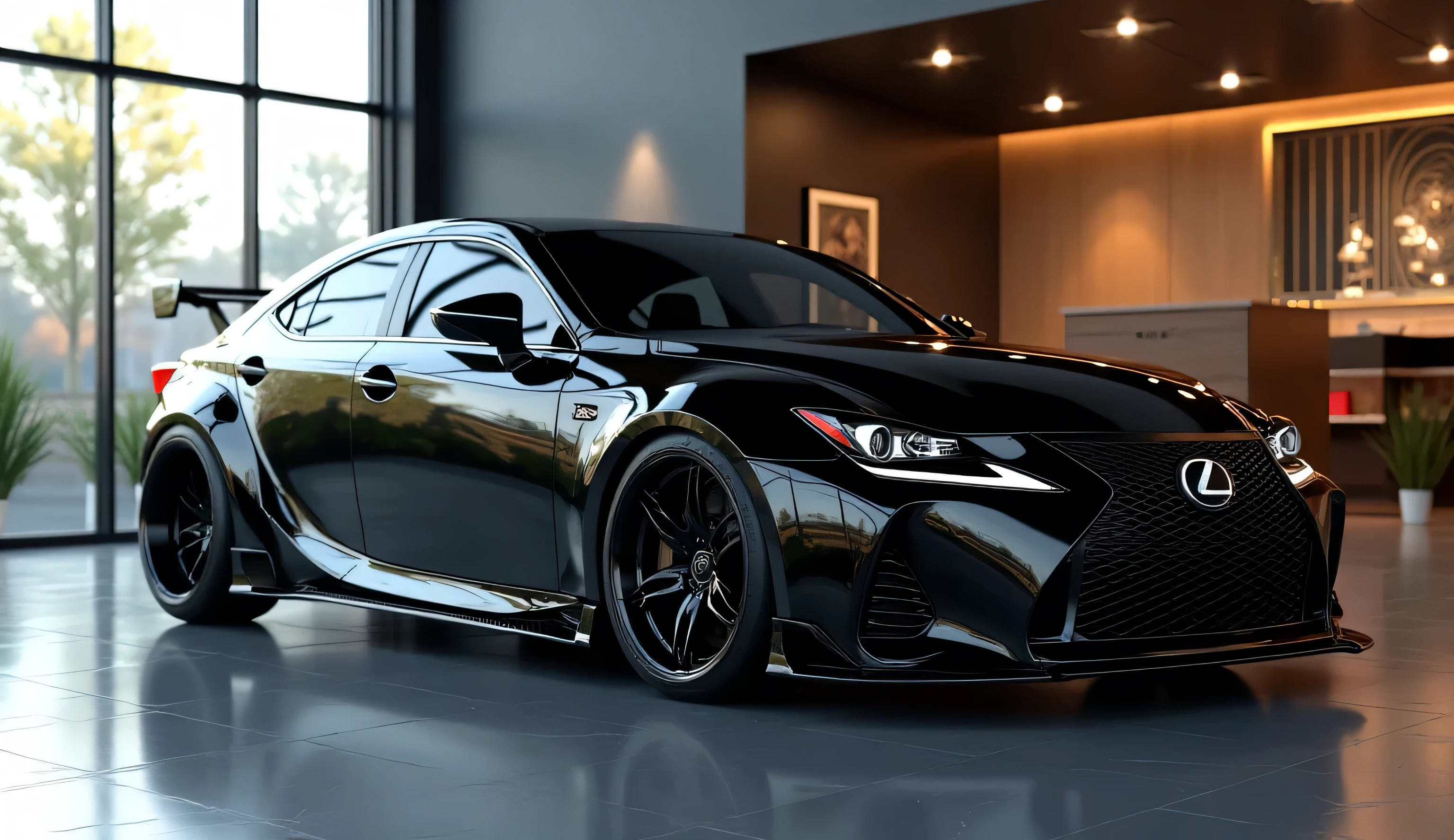 Arafed black car in a showroom with a large window - SeaArt AI