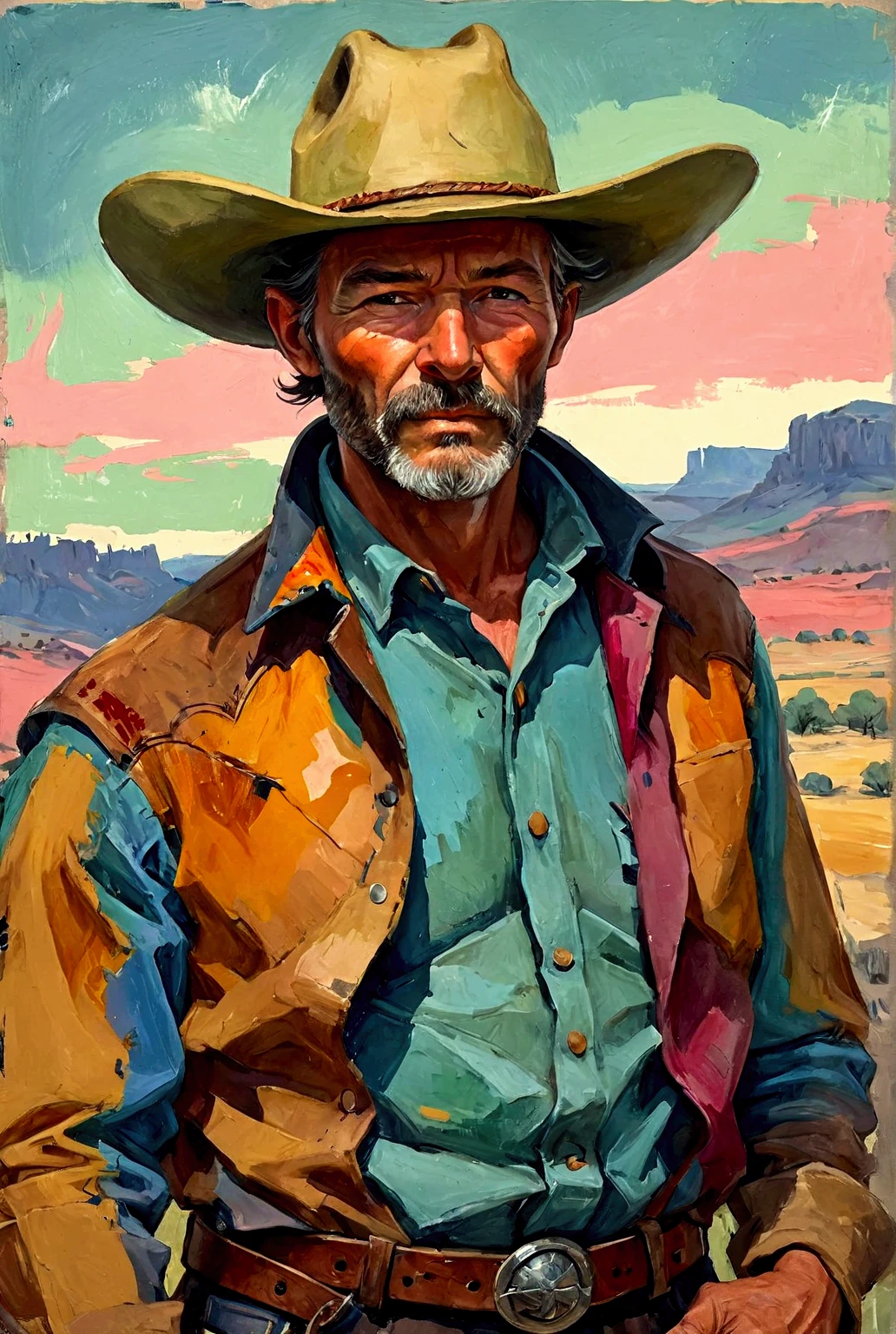 Create a bold and expressive portrait of a cowboy wearing a wide ...