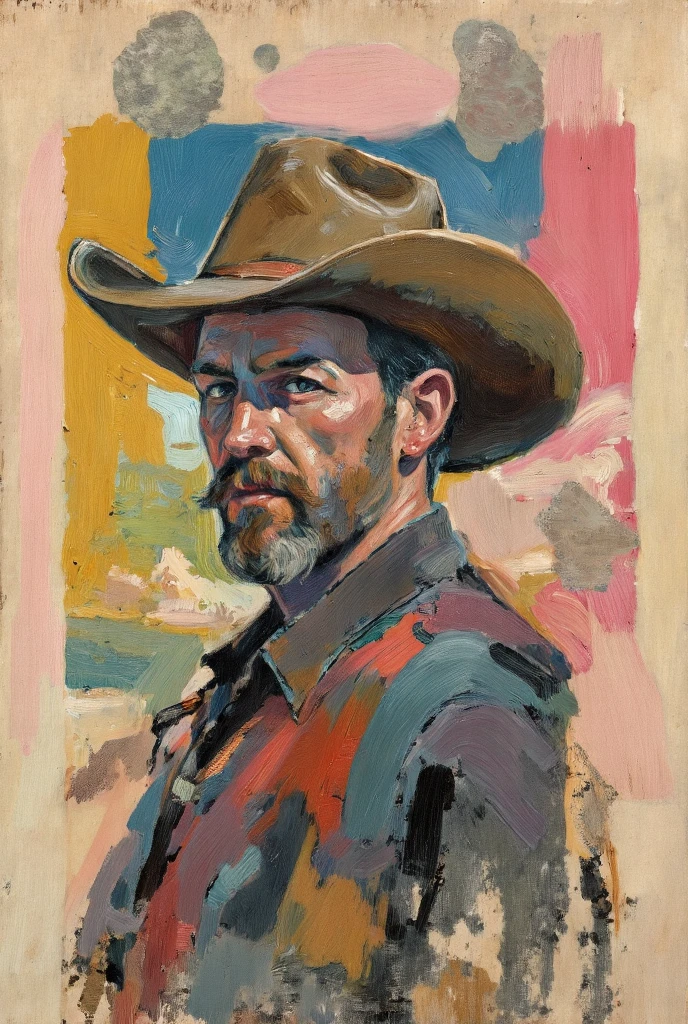 Create a bold and expressive portrait of a cowboy wearing a wide ...