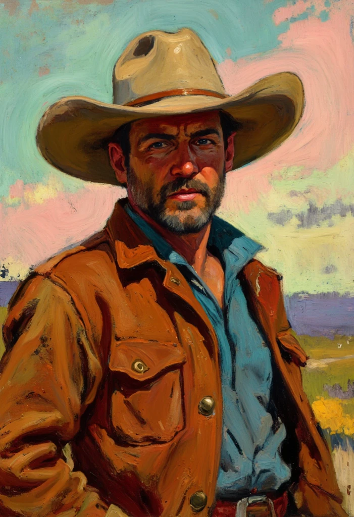 Create a bold and expressive portrait of a cowboy wearing a wide ...