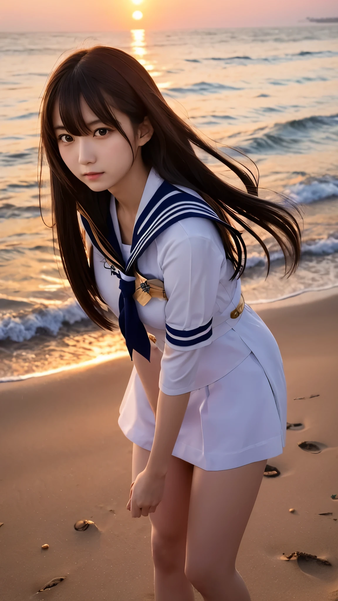 Arafed asian woman in sailor outfit on beach at sunset - SeaArt AI