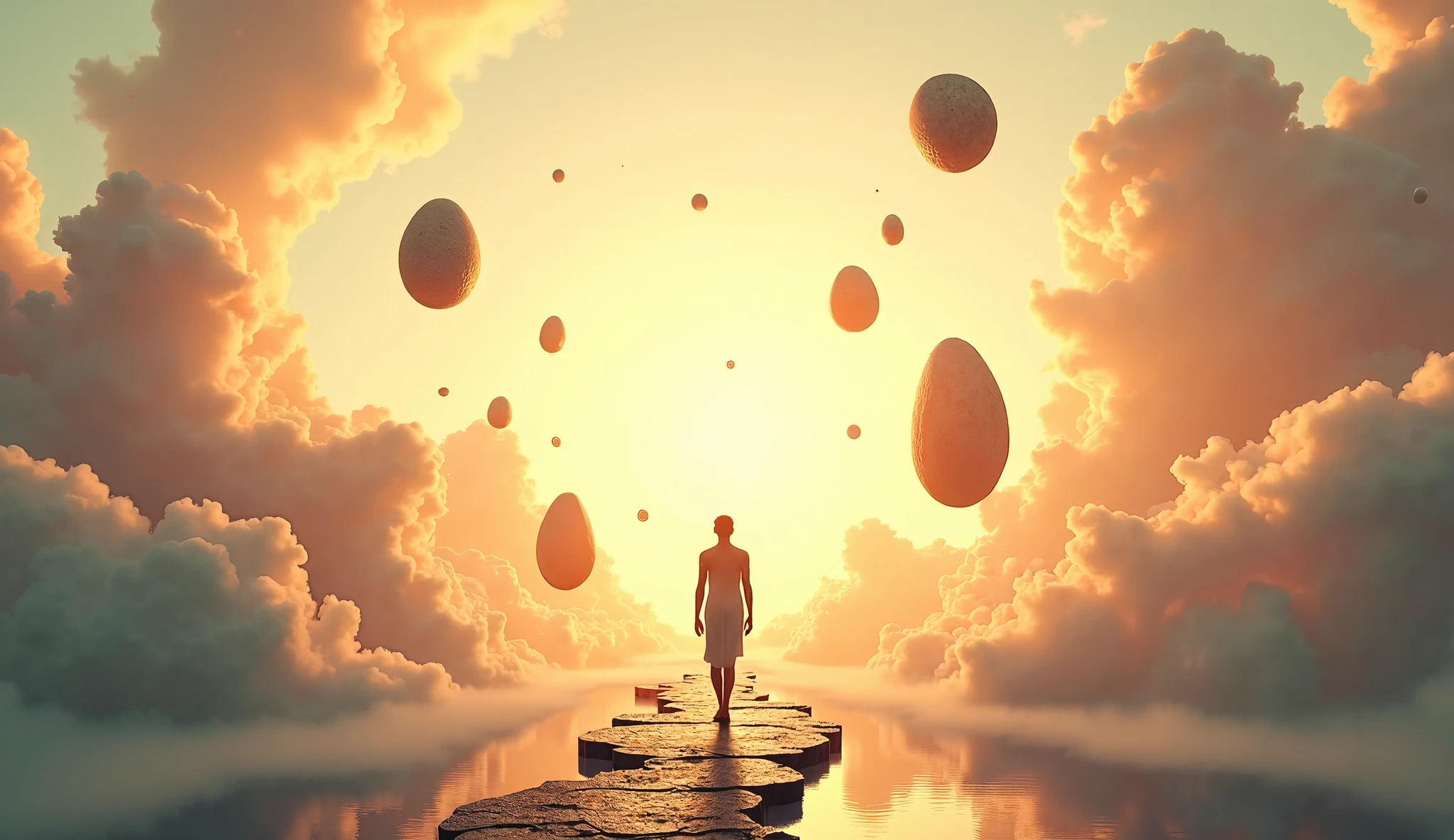 *A surreal landscape of floating, symbolic objects like clouds - SeaArt AI