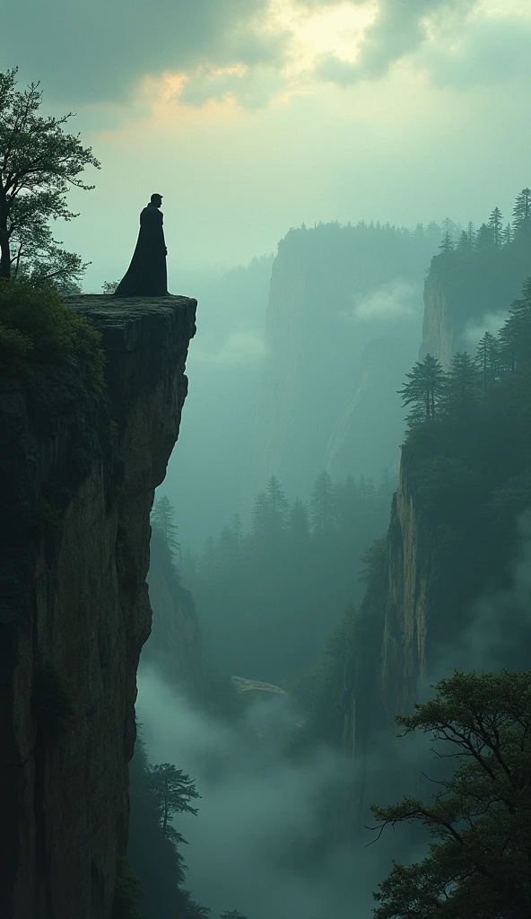 "A cinematic view of a dramatic cliff edge in the forest, where the ...