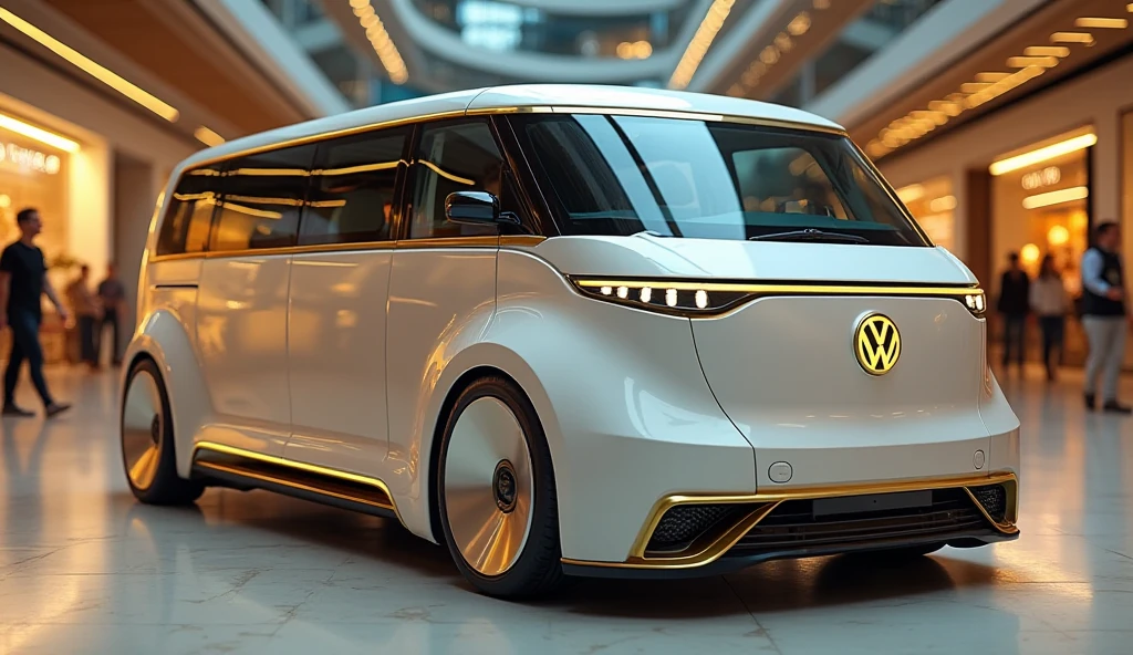A modified (2025 (VW BUzz 1 st) Van color white golden full front left ...