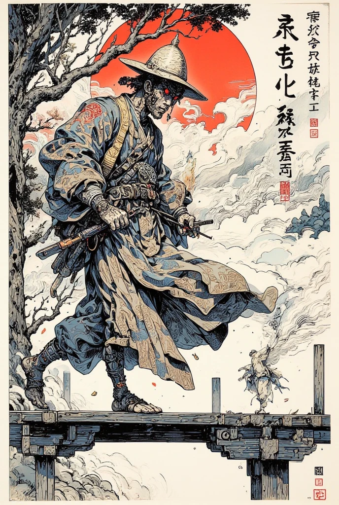 There is an Ukiyo-e of a crazy Japanese monk wearing a hat - SeaArt AI