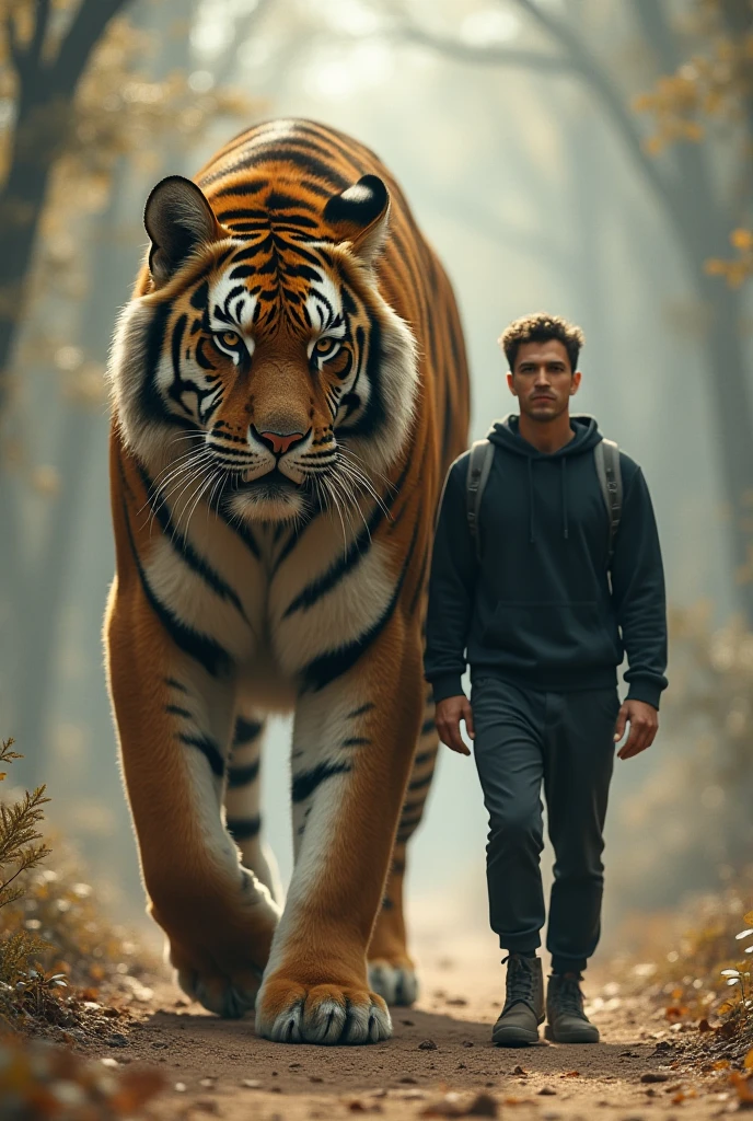 A man dressed in black casual and walking along with a very giant tiger ...