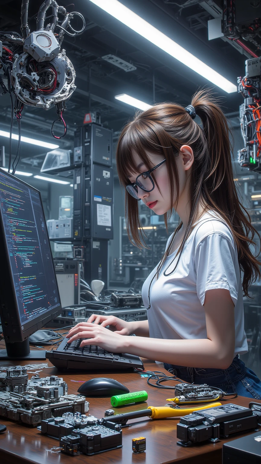 A pretty nerdy girl is programming on a computer full of gadgets ...