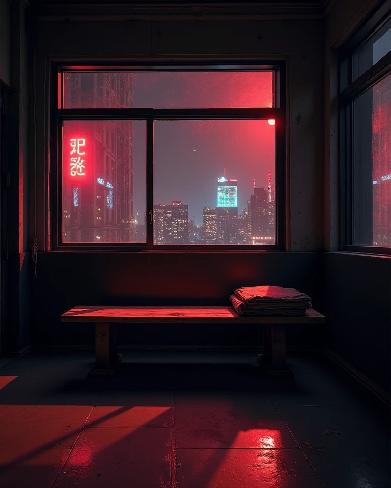 A modern dojo is softly lit by the neon lights from outside, creating ...