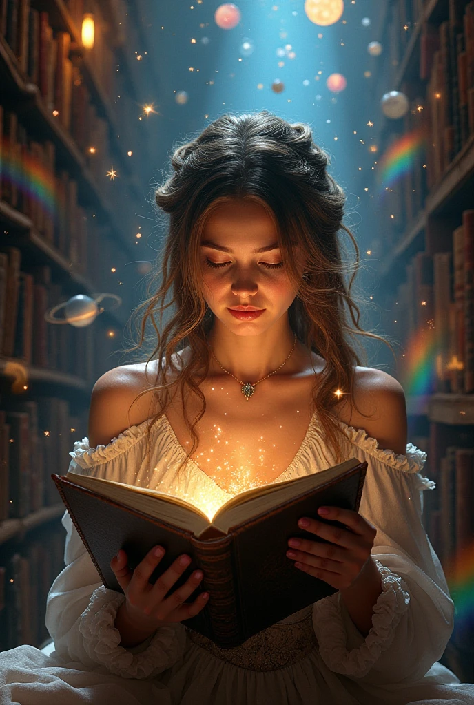 The beautiful girl was reading the magic book among the books and there were bea - SeaArt AI