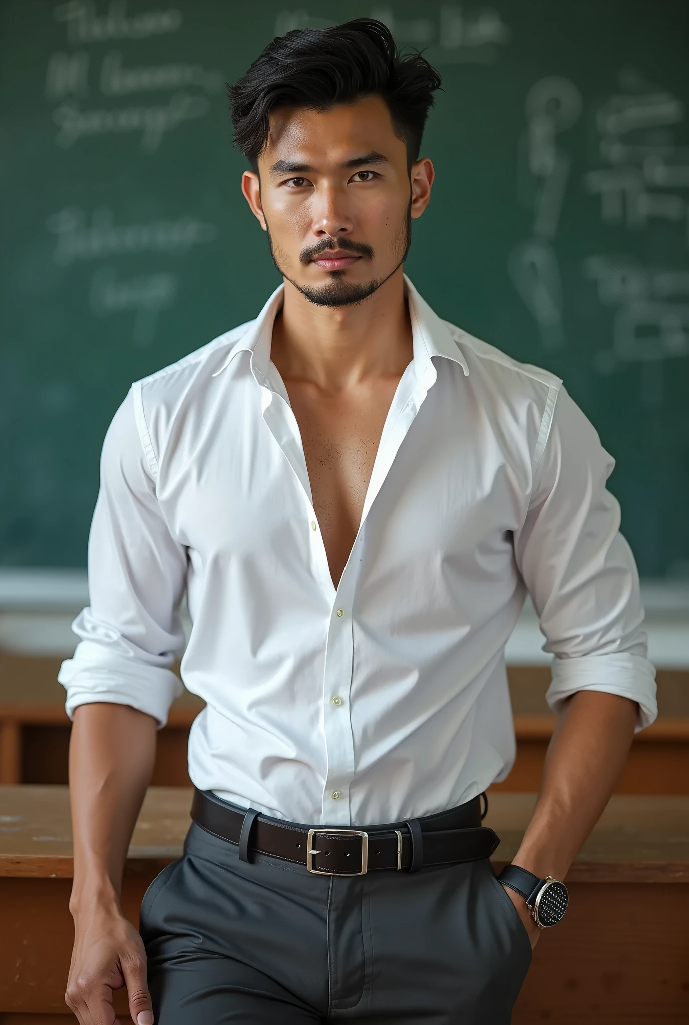 Arafed man in a white shirt and black pants standing in front of a blackboard - SeaArt AI