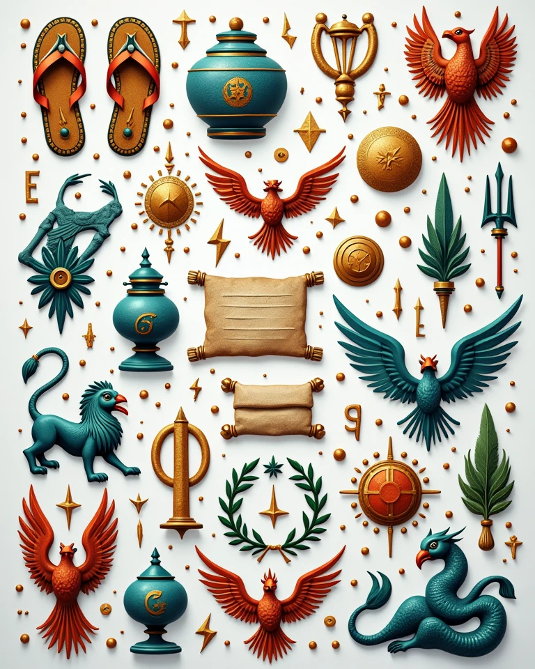 Design a vibrant mythology-themed doodle featuring scattered - SeaArt AI