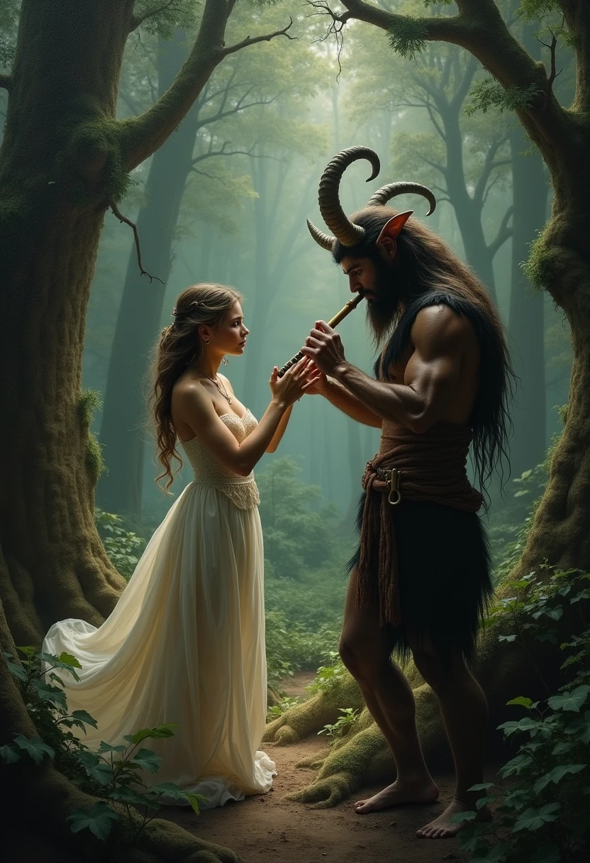A cinematic dark fantasy painting of a nymph and Pan the satyr - SeaArt AI