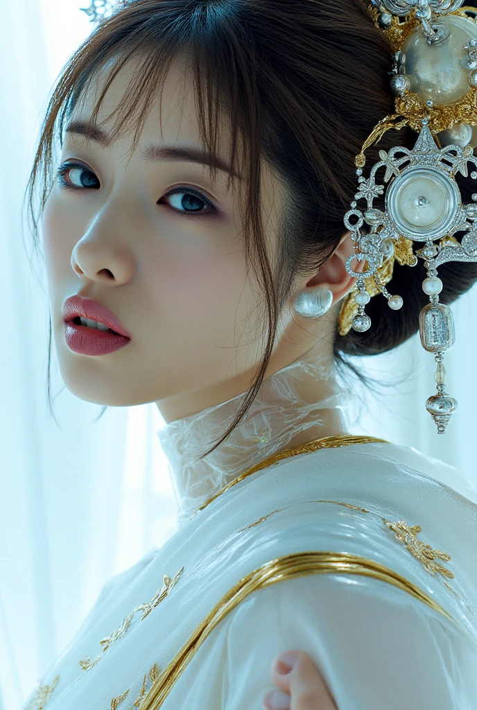 PictuRe of a Japanese female andRoid in heR mid-20s made of shiny white ...