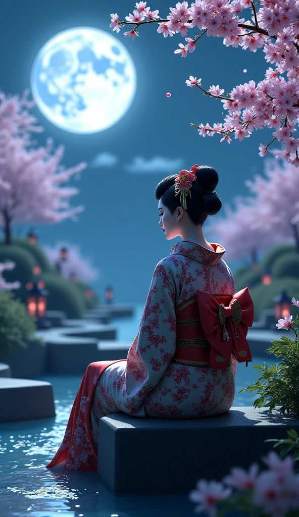 Japanese geisha cute in garden sitting midnight - SeaArt AI