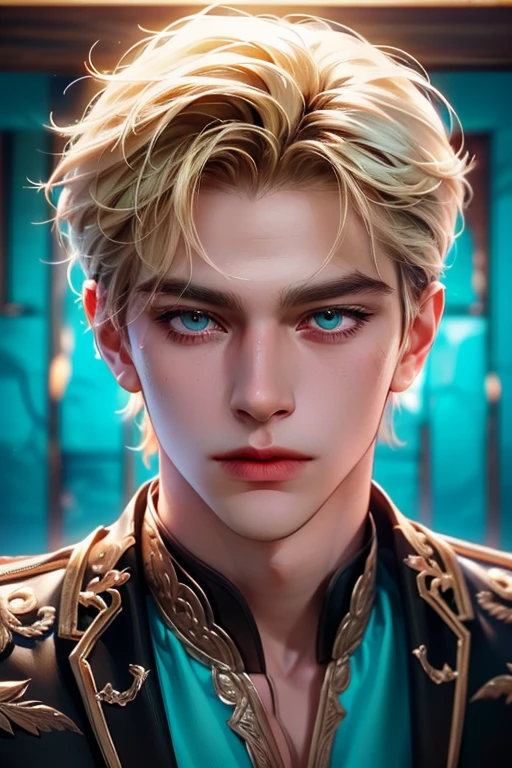Male, handsome face, charming gaze, blonde hair, turquoise eyes - SeaArt AI