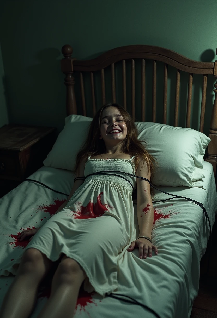 A possessed girl in a nightgown tied to a bed with cuts on her face and ...