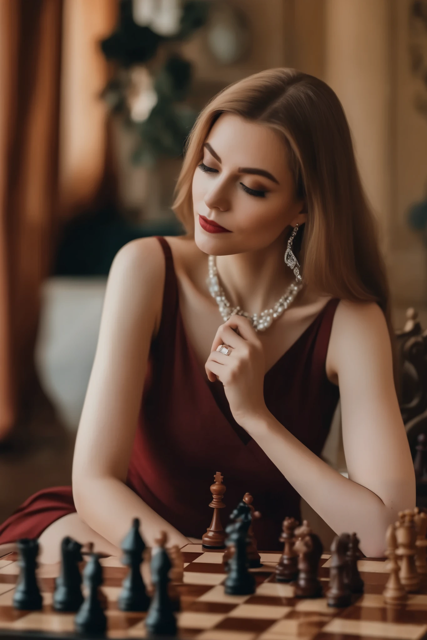 Woman in red dress playing chess with a necklace and earrings - SeaArt AI