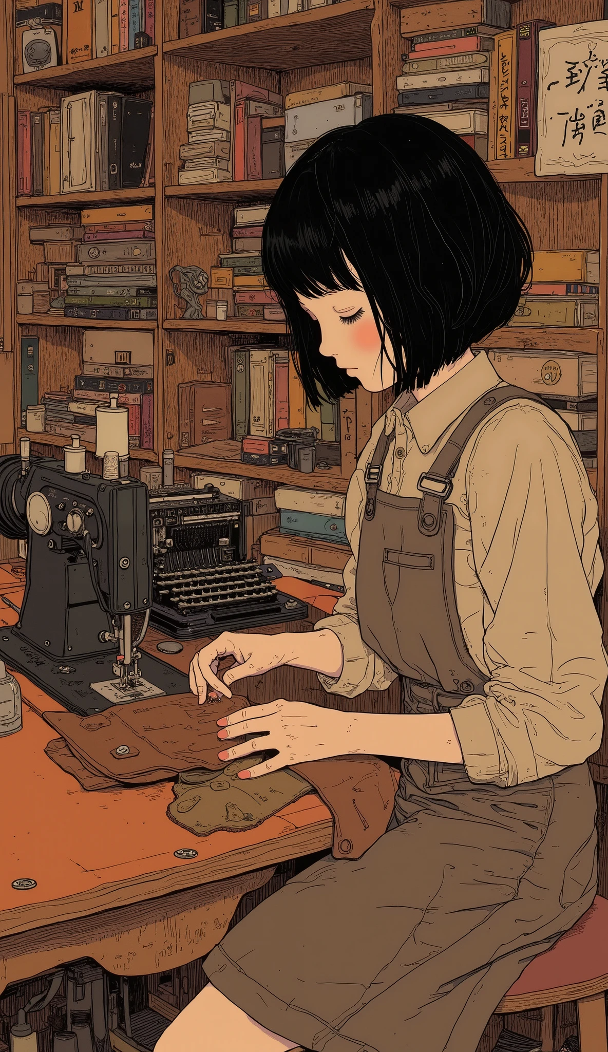 Anime girl typing on typewriter in a library with bookshelves - SeaArt AI