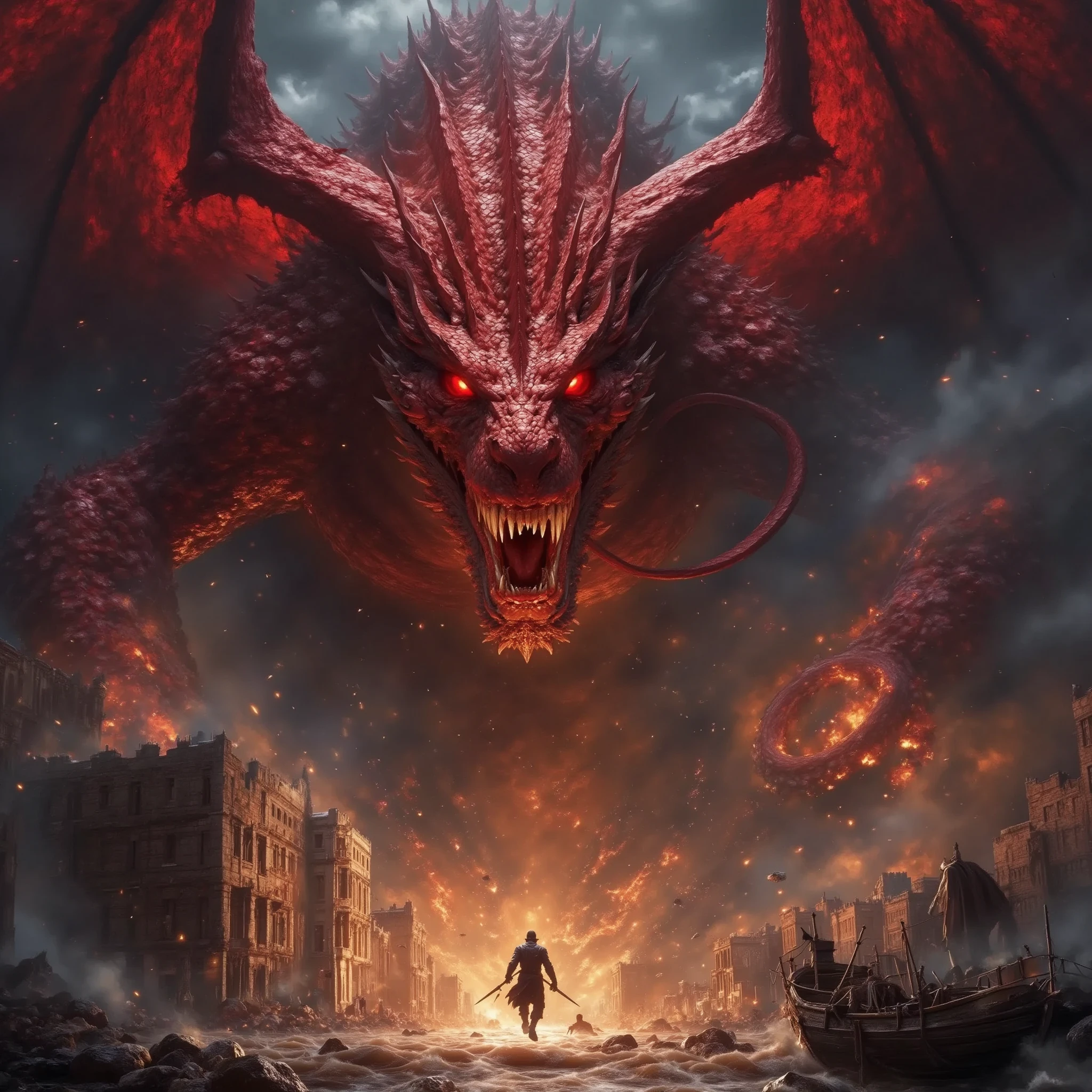 Arafed image of a man walking in front of a giant red dragon - SeaArt AI