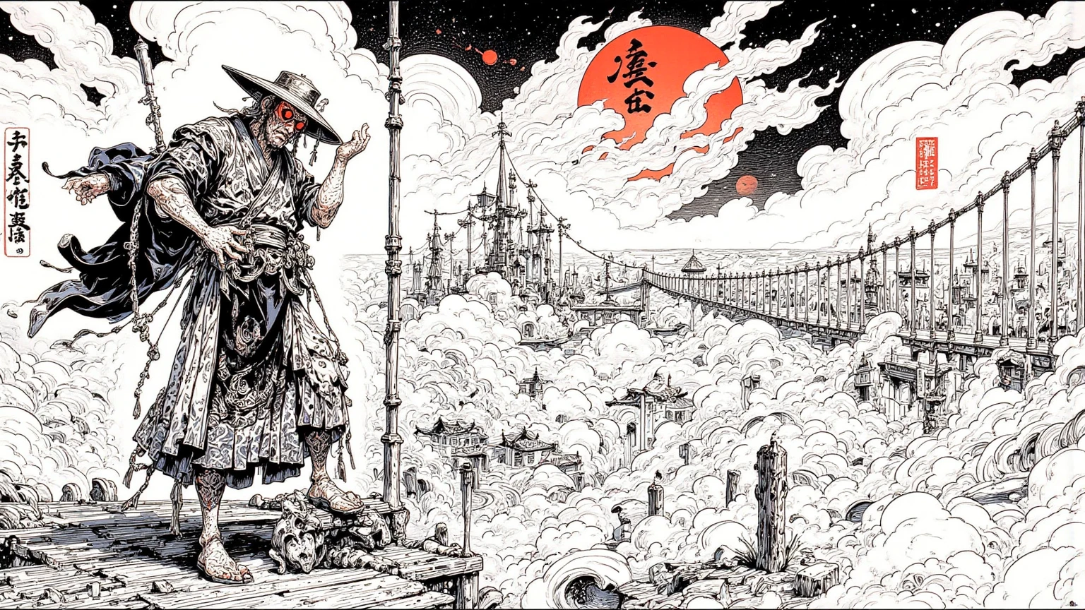 There is an Ukiyo-e of a crazy Japanese monk wearing a hat - SeaArt AI