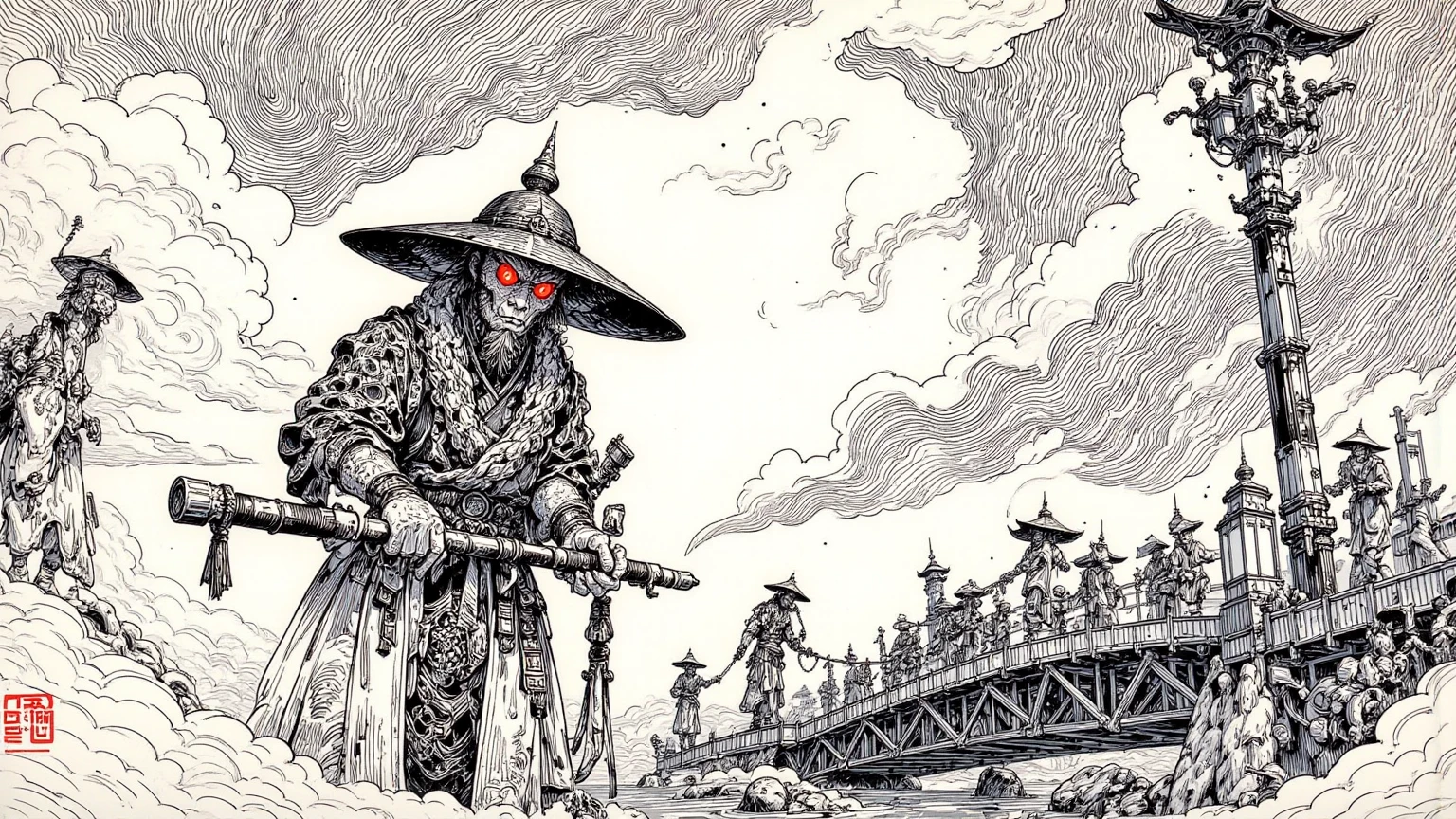 There is an Ukiyo-e of a crazy Japanese monk wearing a hat - SeaArt AI