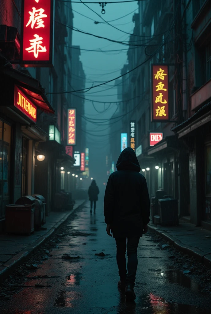 In the dark, rain-soaked alleyways of a decaying district, flickering ...