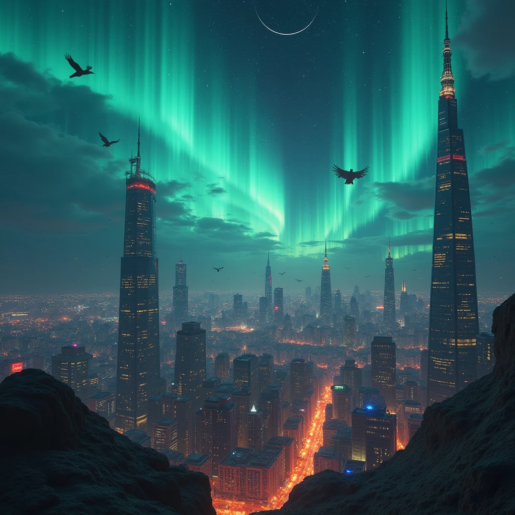 Panoramic， cityscape， Aurora over the city ， cyberpunk tech city ...
