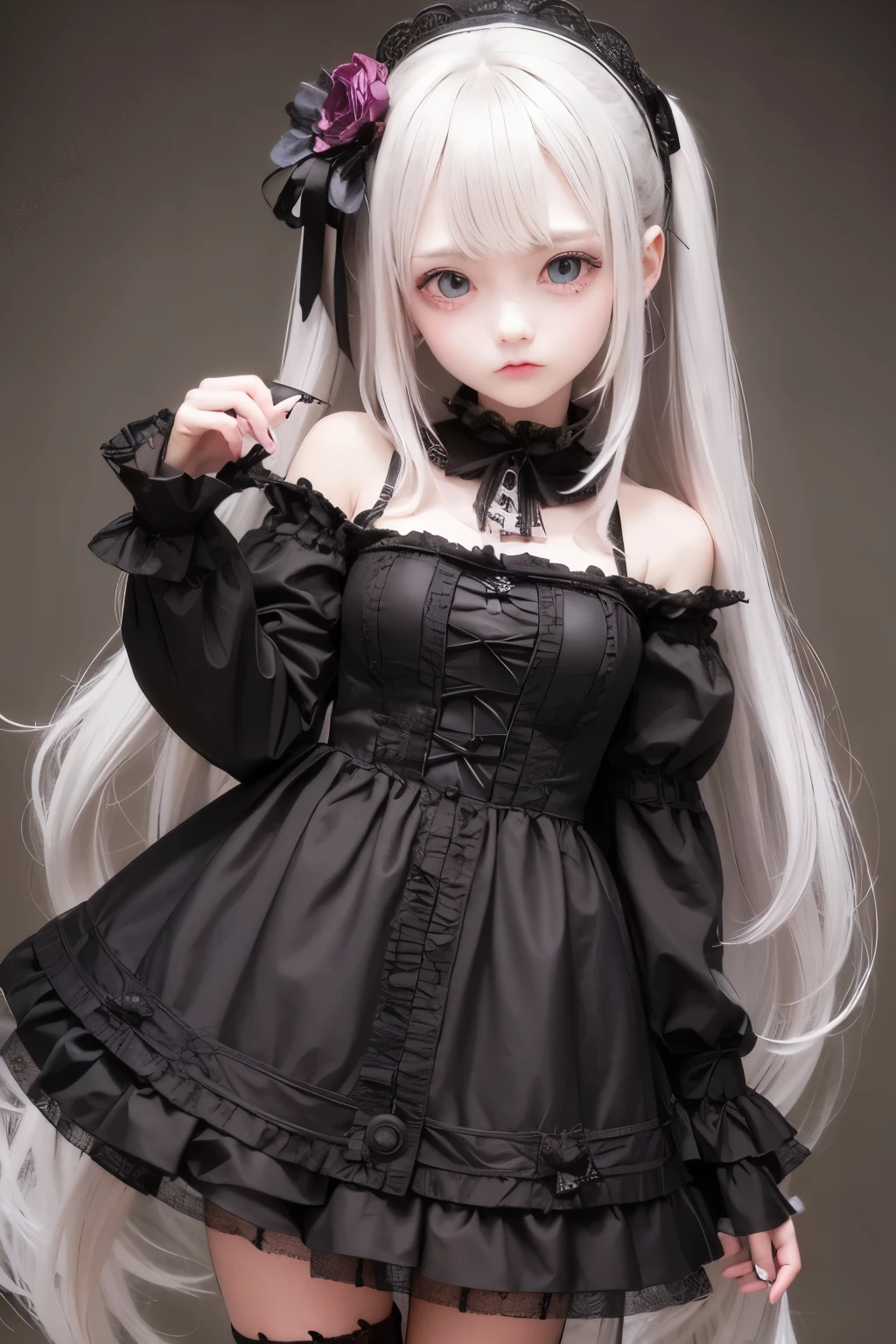 A close up of a doll with long white hair wearing a black dress - SeaArt AI