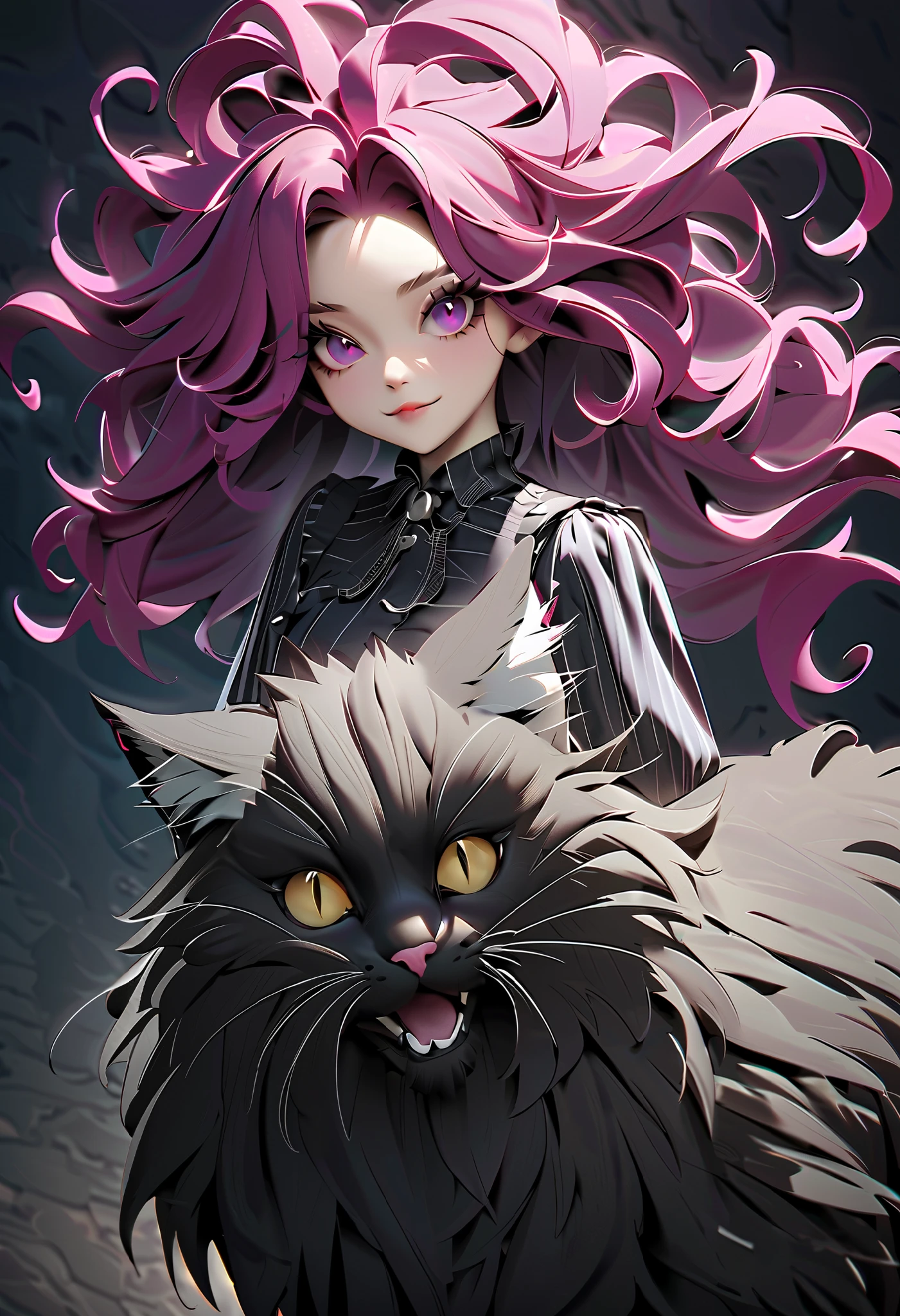 Anime girl with long hair and purple hair holding a cat - SeaArt AI