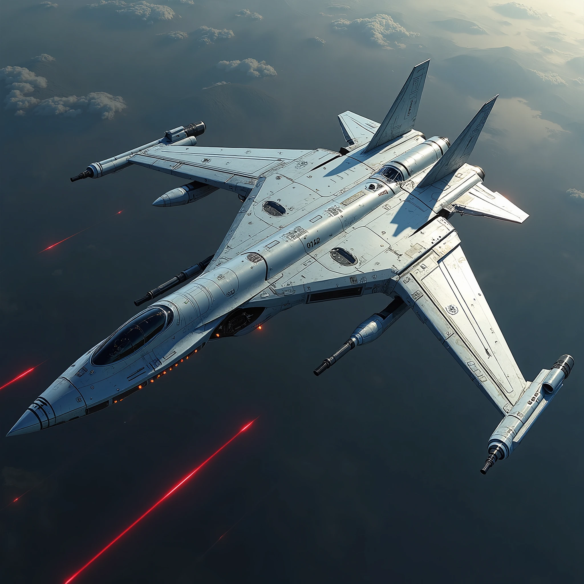 There is a fighter jet flying through the air with red lights - SeaArt AI