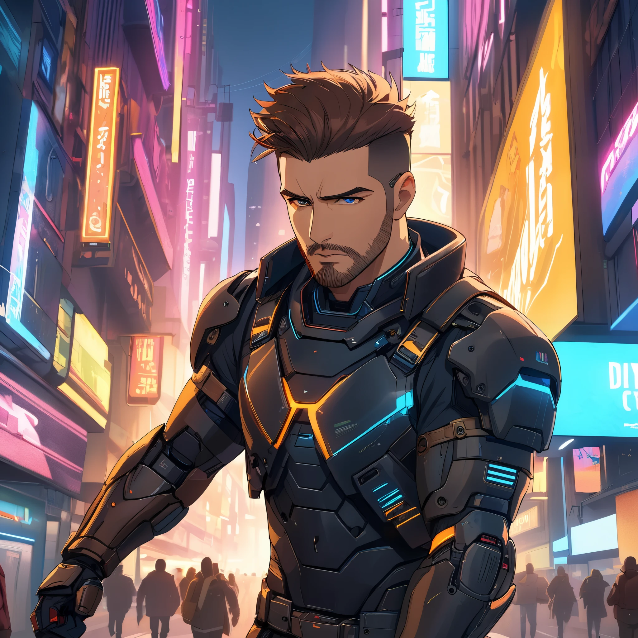 Cyber soldier in a city at night with neon lights - SeaArt AI