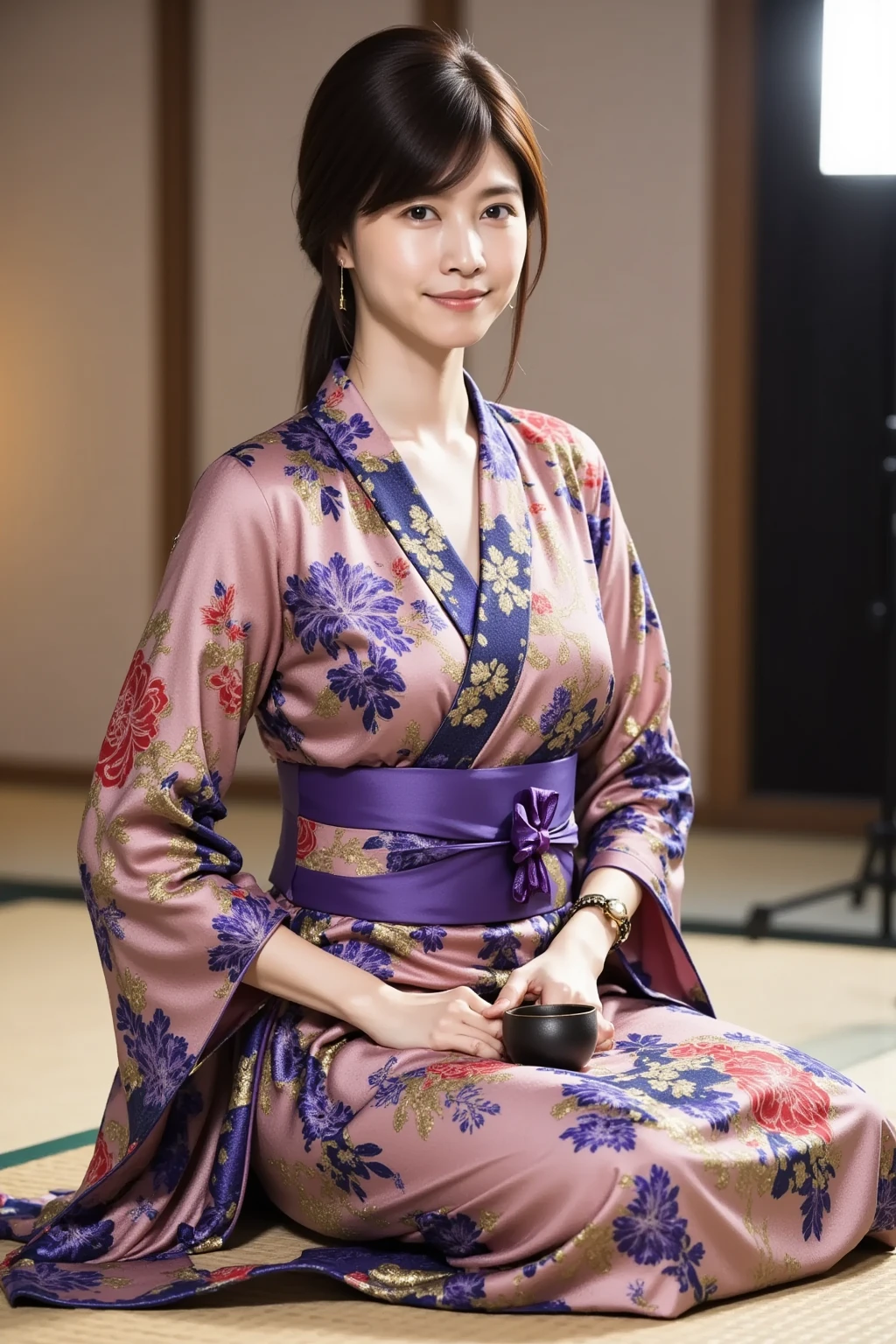 1woman, She is making the Japanese tea. She wears a kimono. She is ...