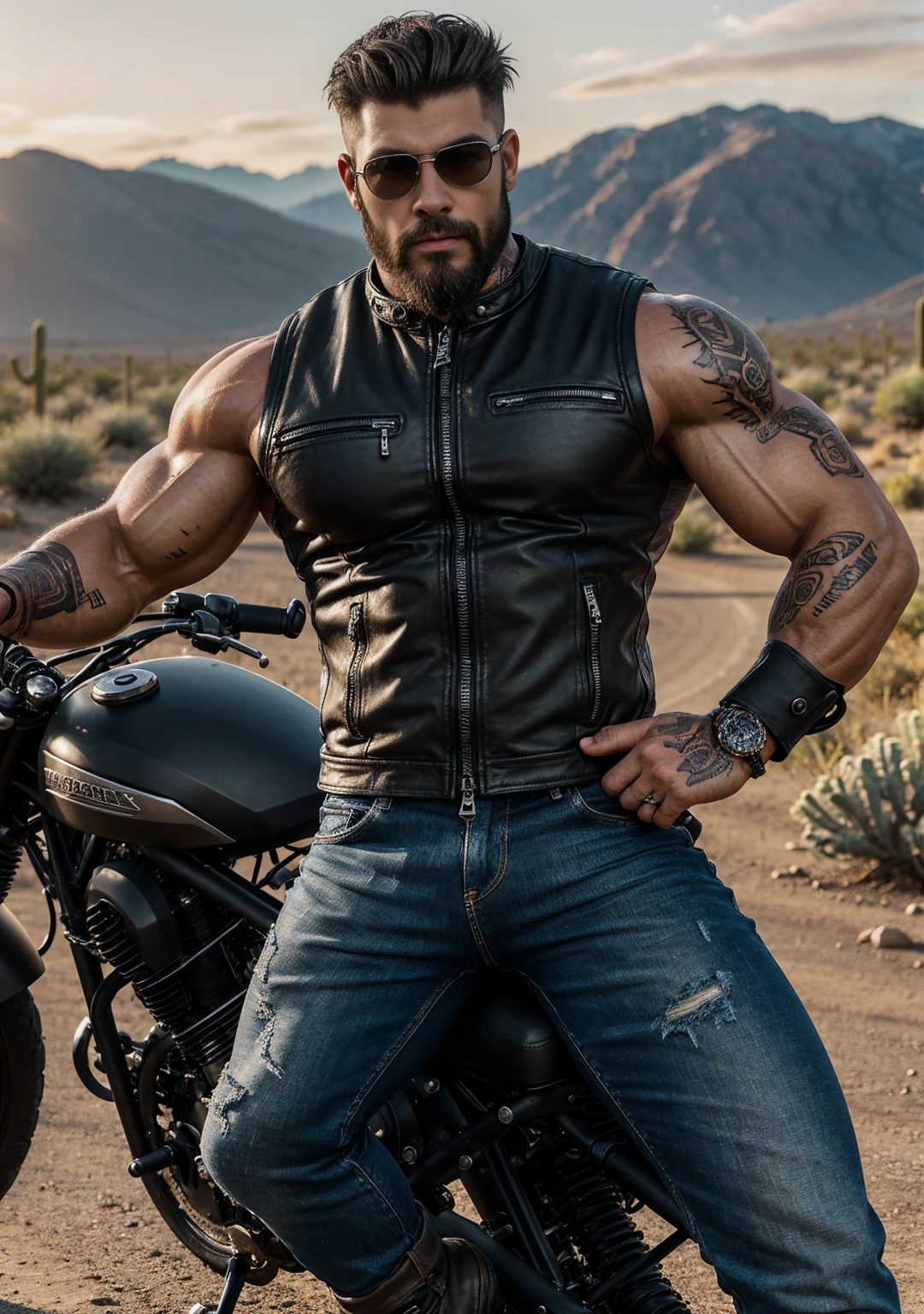 Ultra-realistic, highly detailed, chiseled young burly biker man with a ...