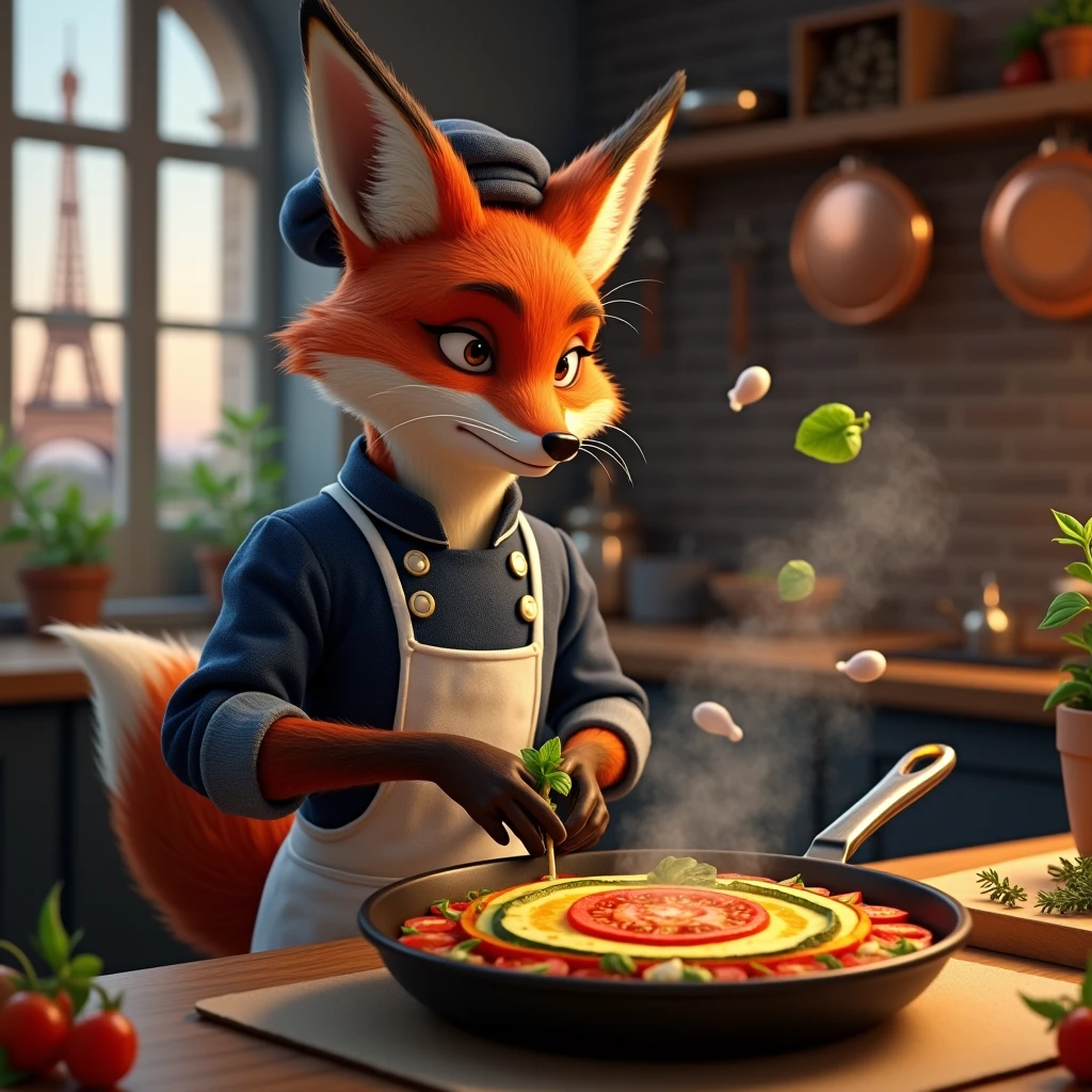 Cartoon fox cooking a pizza in a kitchen with a spatula - SeaArt AI