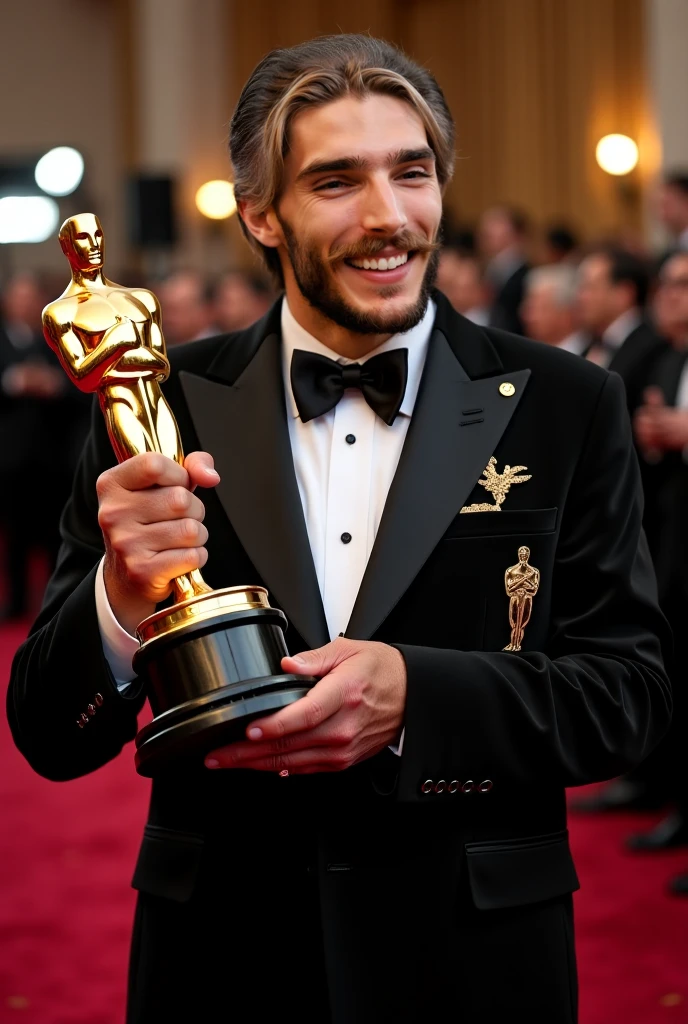 "A distinguished Egyptian director holding an Oscar trophy - SeaArt AI