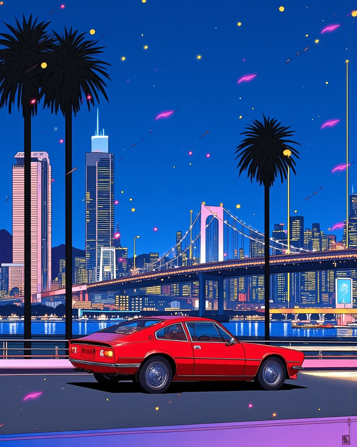 80's city pop art, night view, cityscape, (wind lines), palm tree ...