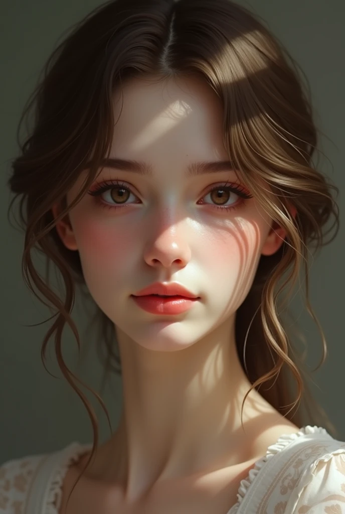 A realistic woman with white skin and medium-length brown hair with ...