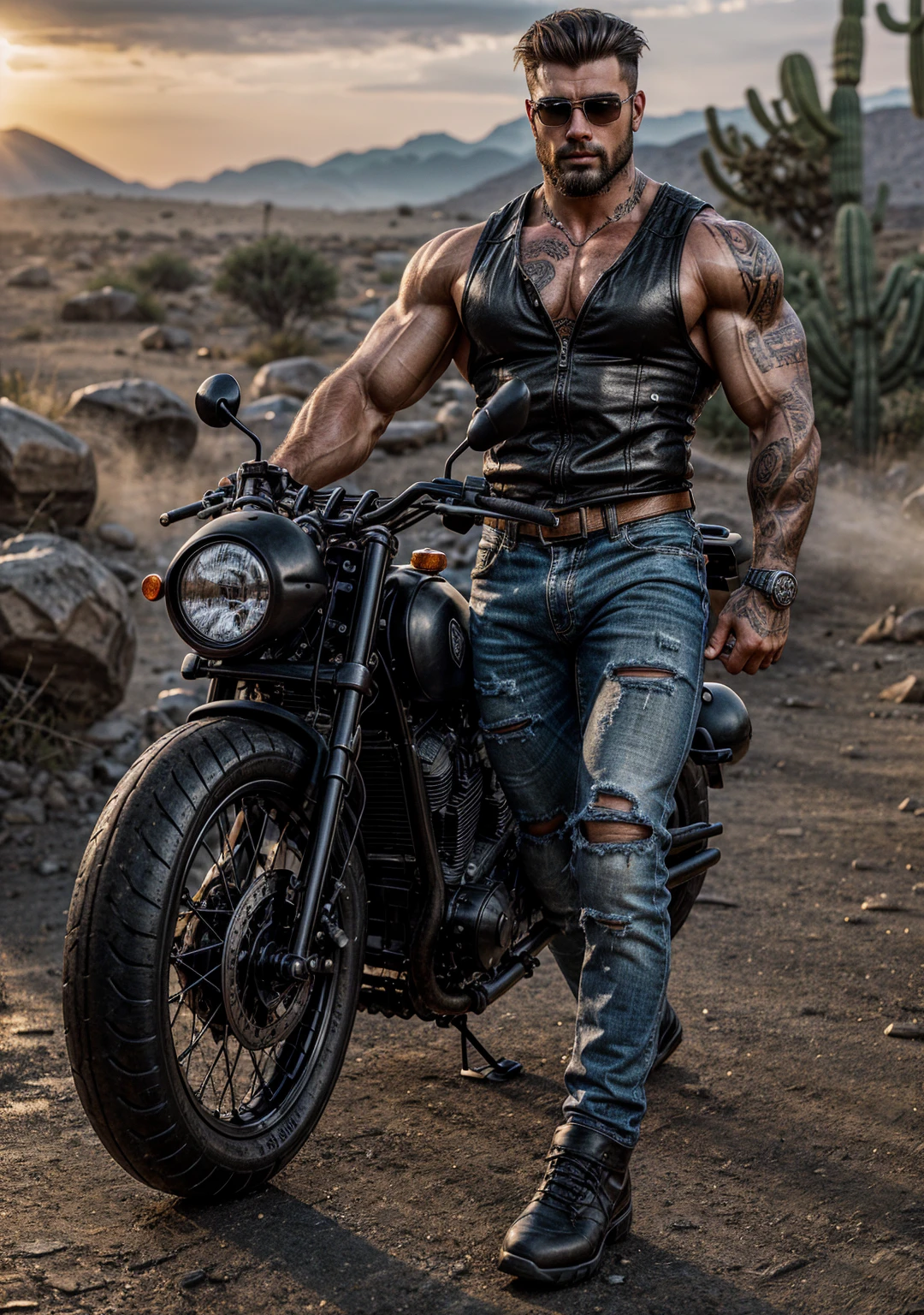 Ultra-realistic, highly detailed, chiseled young burly biker man with a ...