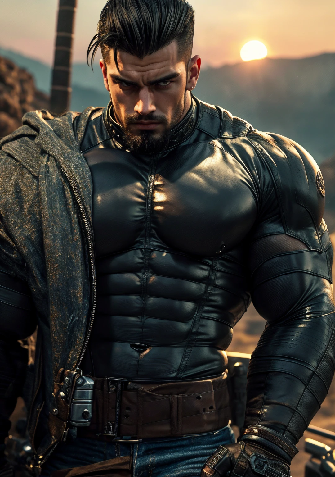 Ultra-realistic, highly detailed, chiseled young burly biker man with a ...