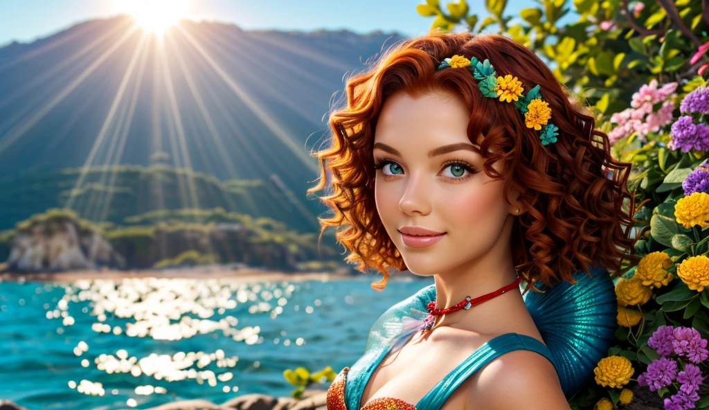 Cute little mermaid , detailed face red curly hair, fish tail - SeaArt AI