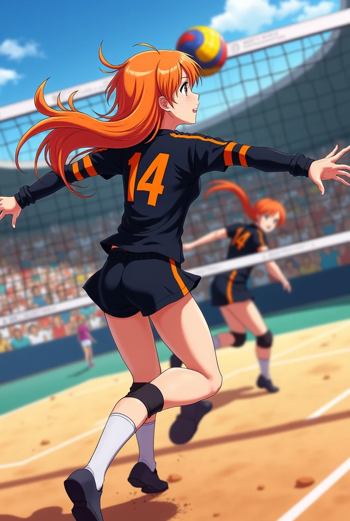 "haikyuu style" an orange-haired girl with honey-colored eyes wearing a ...