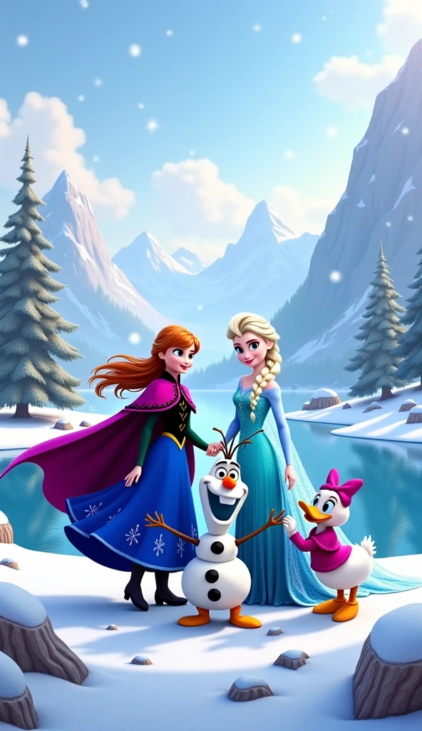 Elsa, anna, olaf, donald duck, daisy duck, standing by a lake - SeaArt AI