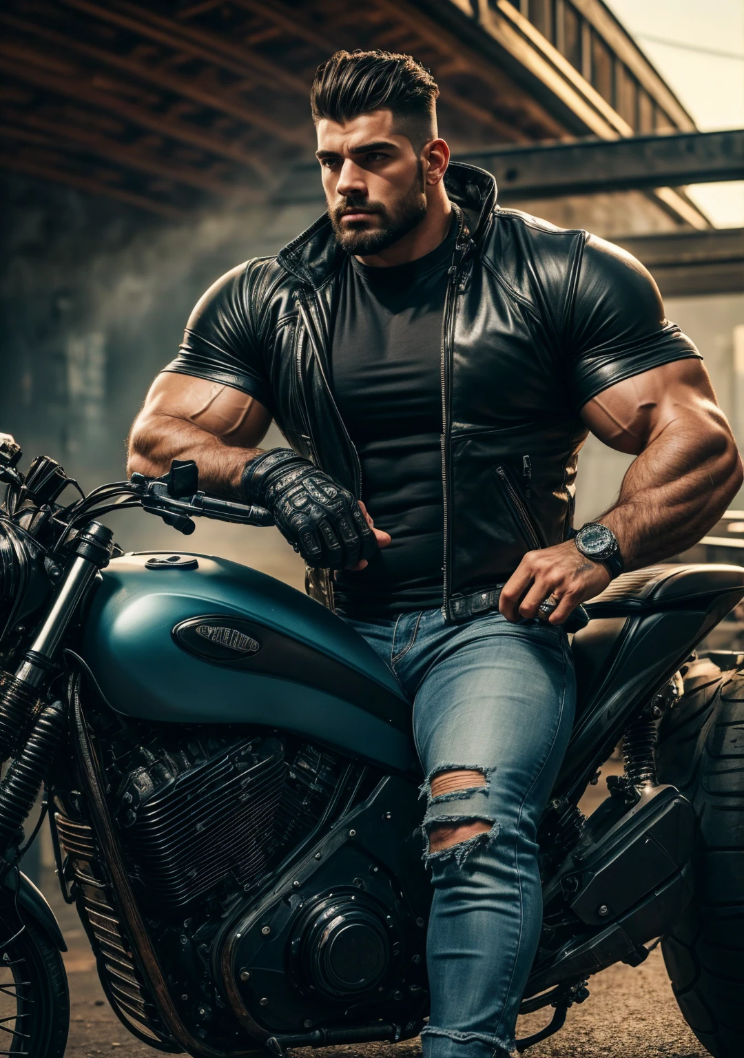 Ultra-realistic, highly detailed, chiseled young burly biker man with a ...