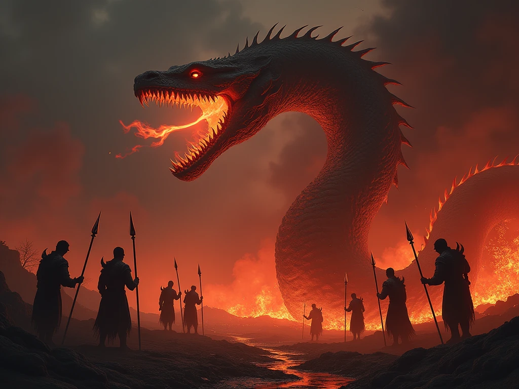 Generate an image of hell, a huge serpent made of boiling bronze ...