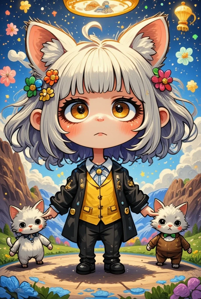 Psychedelic wonderland, 1 chibi girl, funny expression, two ...